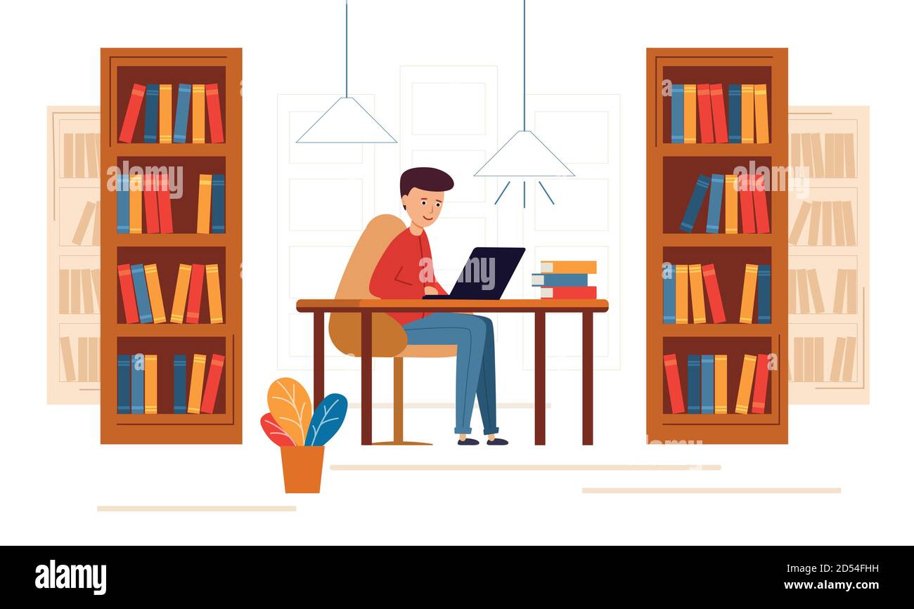 Young Man Sitting in the Library and Reading. Bookcases on Background ...