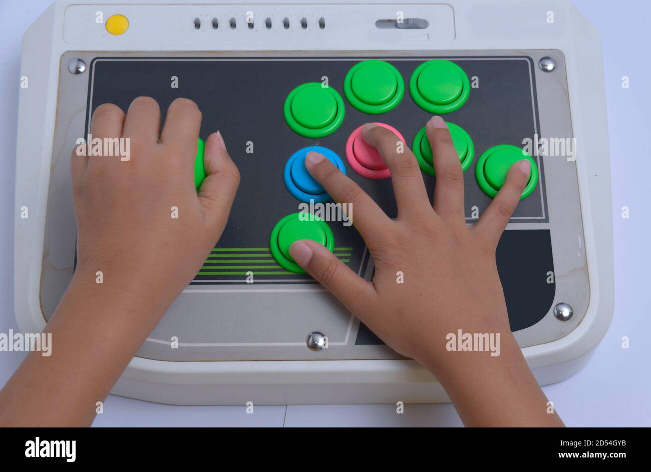 Hand playing the old joystick controller with white background Stock ...