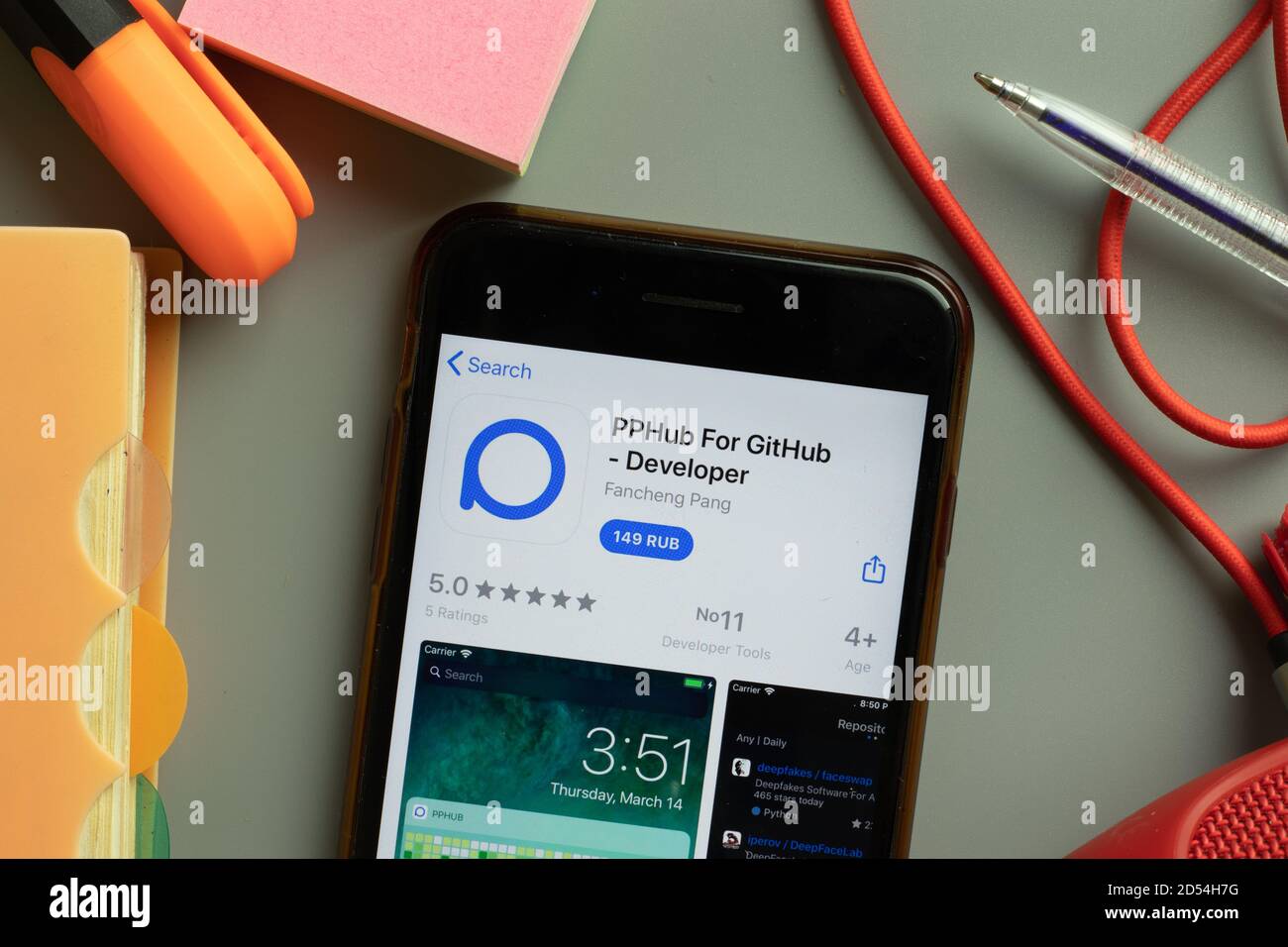 New York, USA - 28 September 2020: PPHub for GitHub Developer mobile app logo on phone screen ...