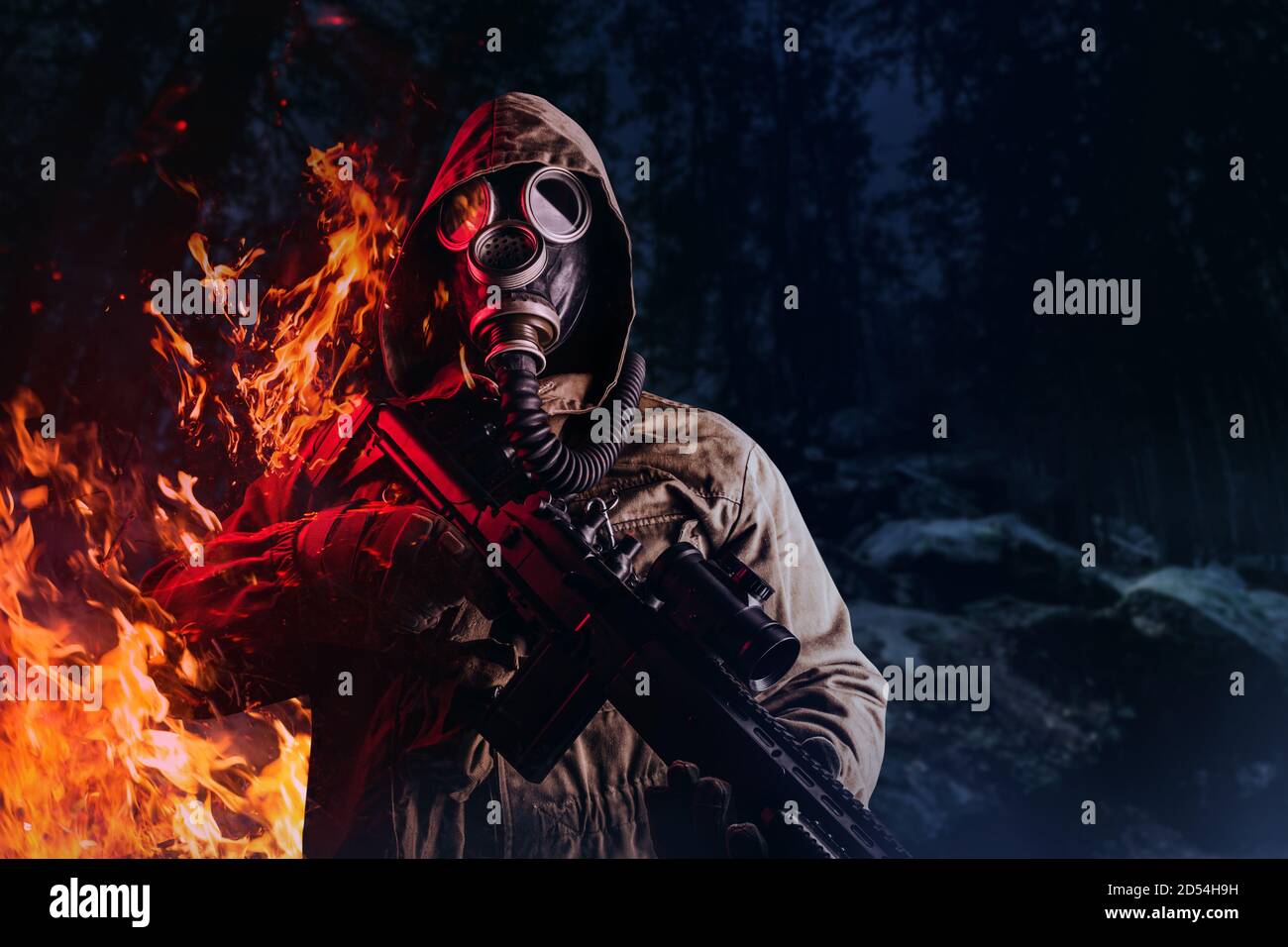 Photo of a post apocalyptic stalker soldier in gas mask and hood jacket ...