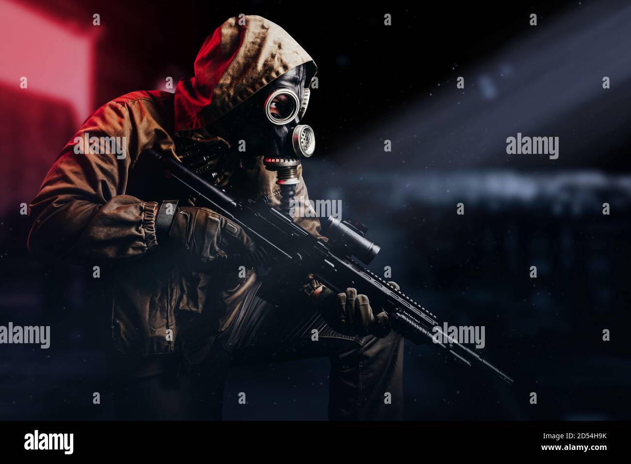 Photo of a post apocalyptic stalker soldier in gas mask and hood jacket ...