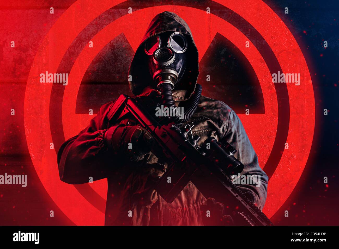 Photo of a post apocalyptic stalker soldier in gas mask and hood jacket ...