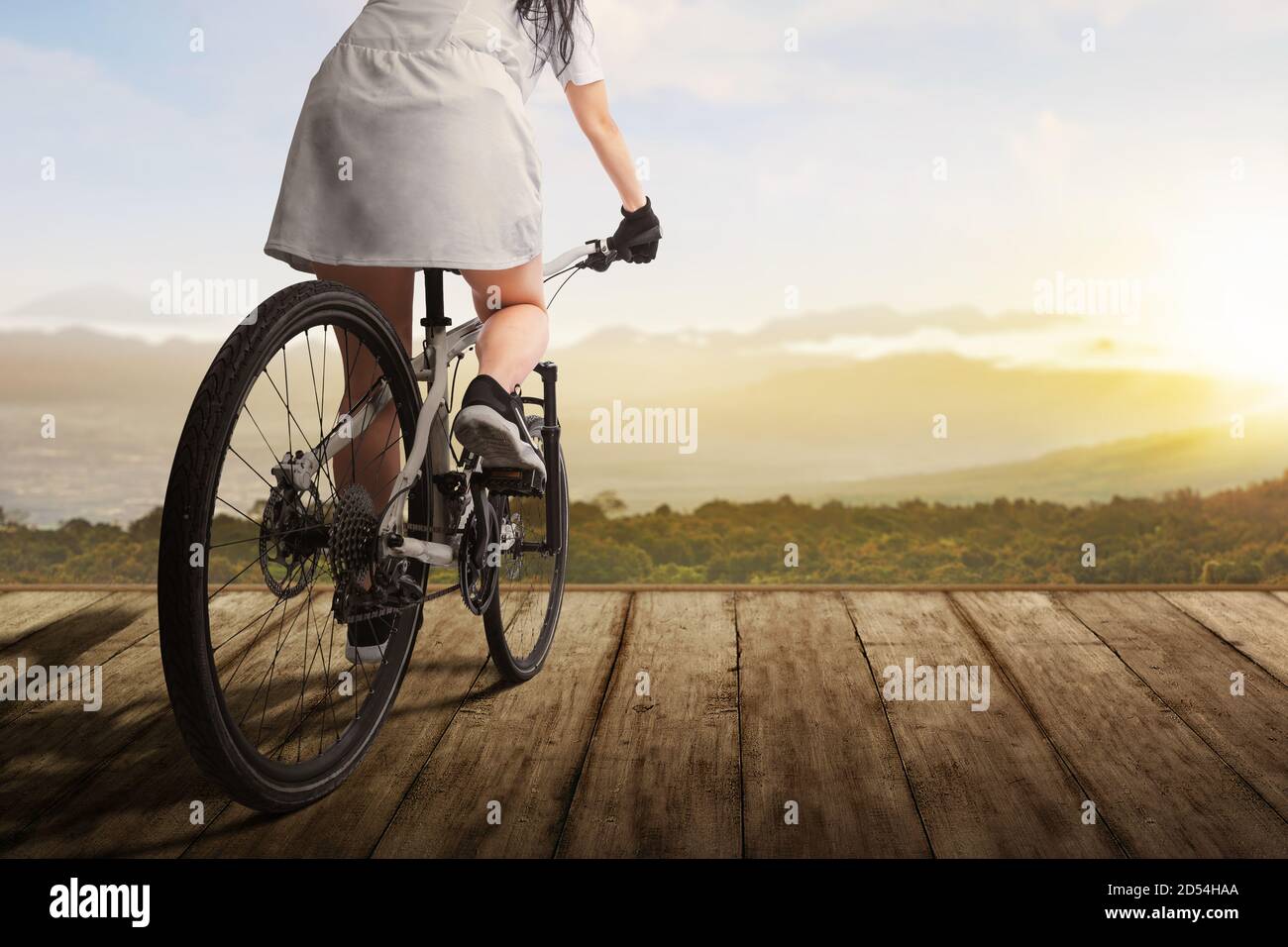 Rear view of a woman riding a bicycle on a wooden path with sunlight ...
