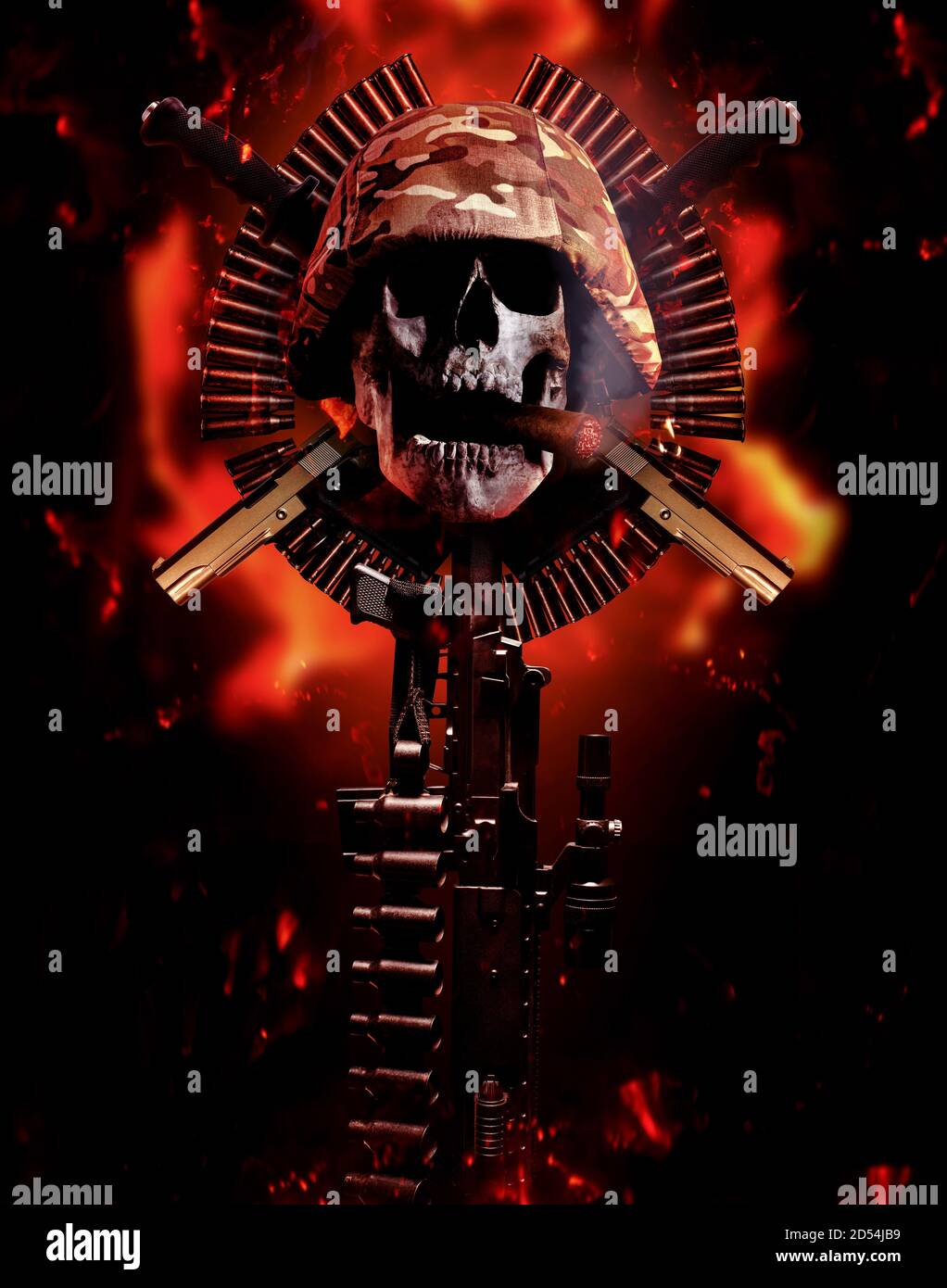 Photo collage of soldier human skull in camouflage helmet, knives ...