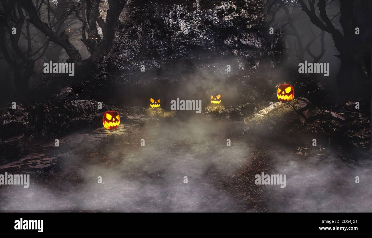 Spooky Haunted forest with 4 pumpkins lighting up mist and pathway into ...