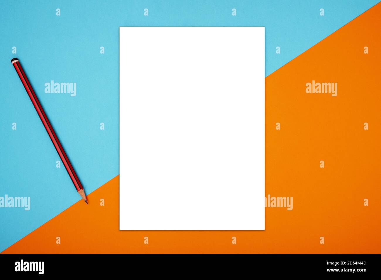 Top view of a blank sheet of paper with a pencil on orange and blue ...
