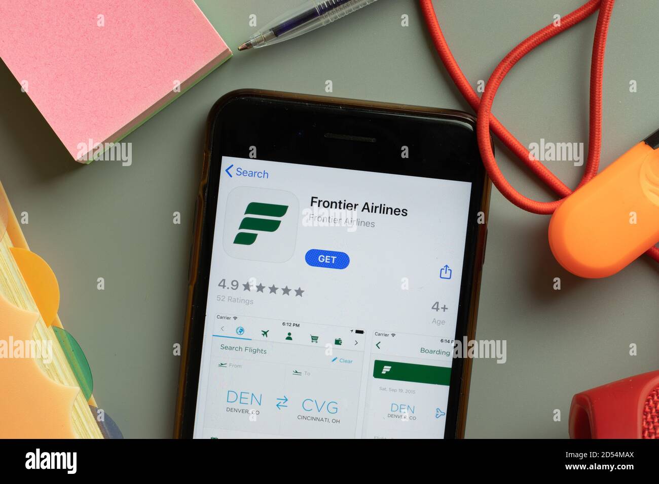 New York, USA - 27 September 2020: Frontier Airlines mobile app logo on ...