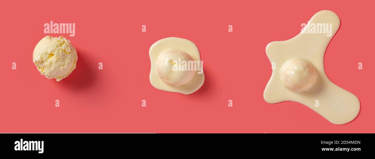 top view process of vanilla flavor ice cream ball melting on pink ...