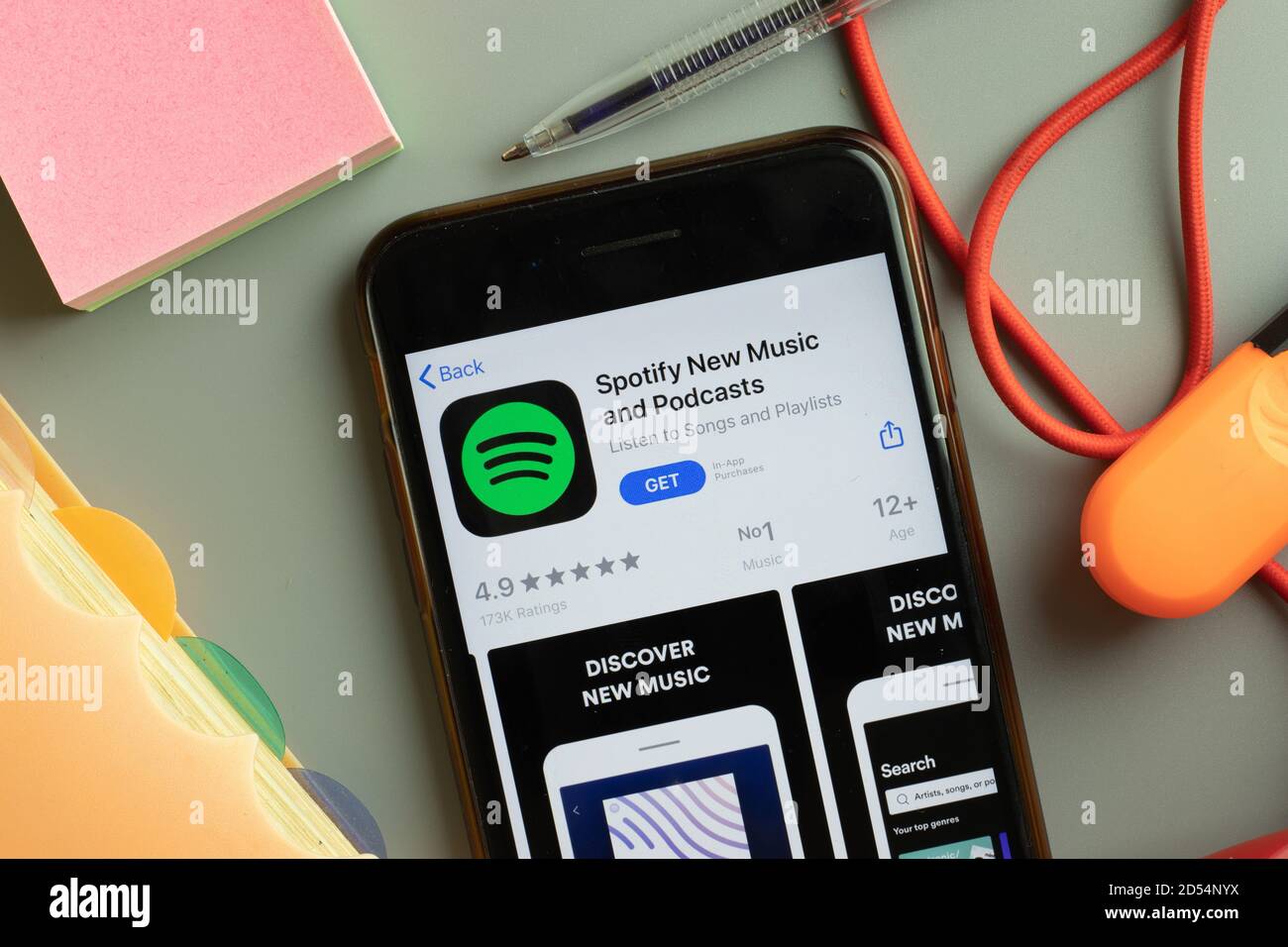 New York, USA - 26 September 2020: Spotify mobile app logo on phone ...