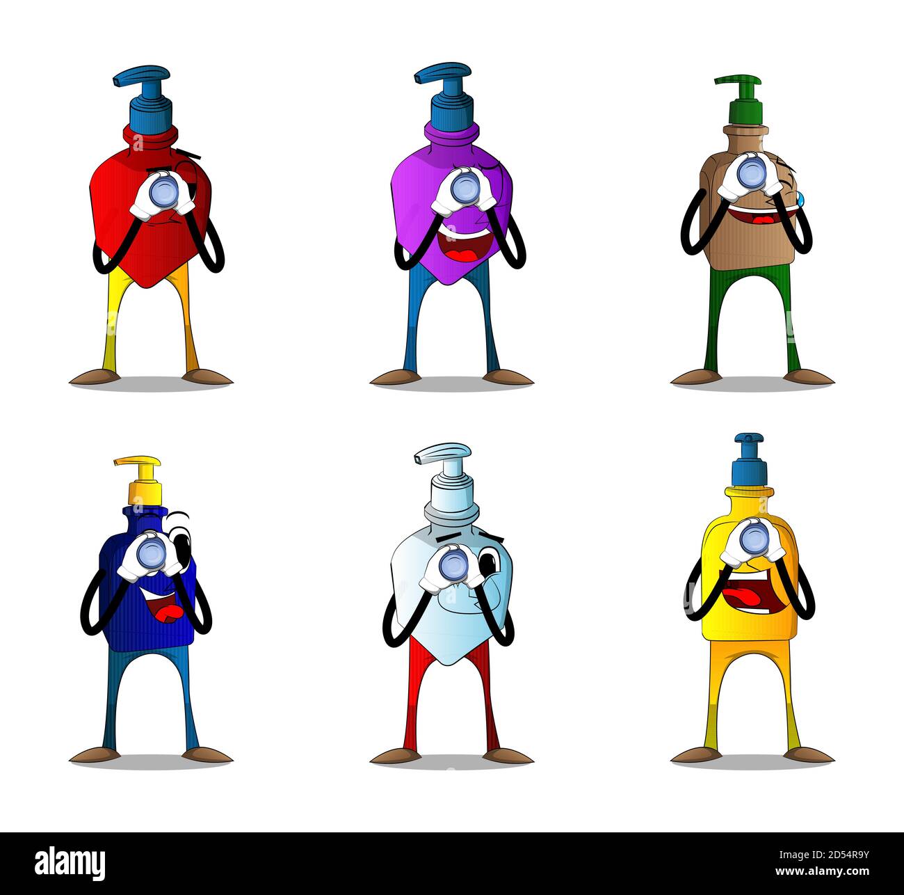 Cartoon bottle of hand sanitizer gel for hygiene with face holding ...