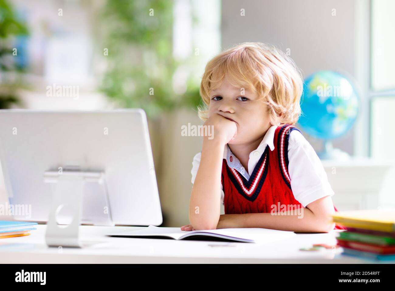 Online remote learning stress and frustration. School kids with ...