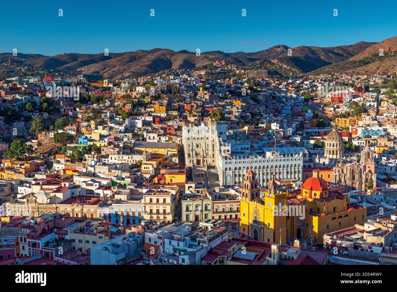 Guanajuato city aerial skyline with the yellow Our Lady of Guanajuato ...