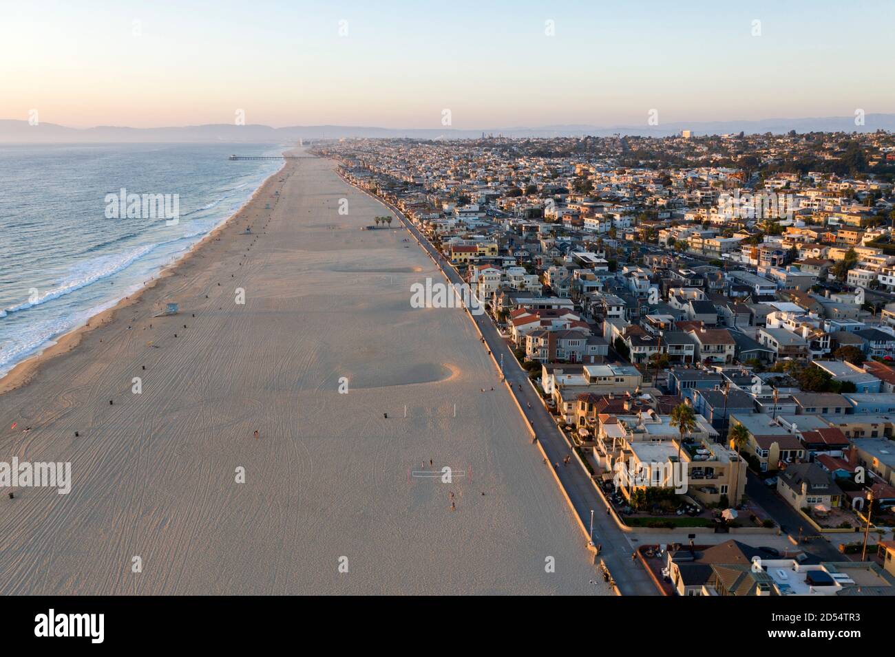 Aerial view looking north along the sandy beach at Hermosa Beach ...