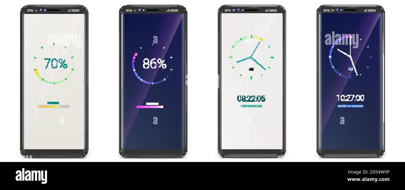 Set of smartphones with clock and progress bar. UI screen of load ...