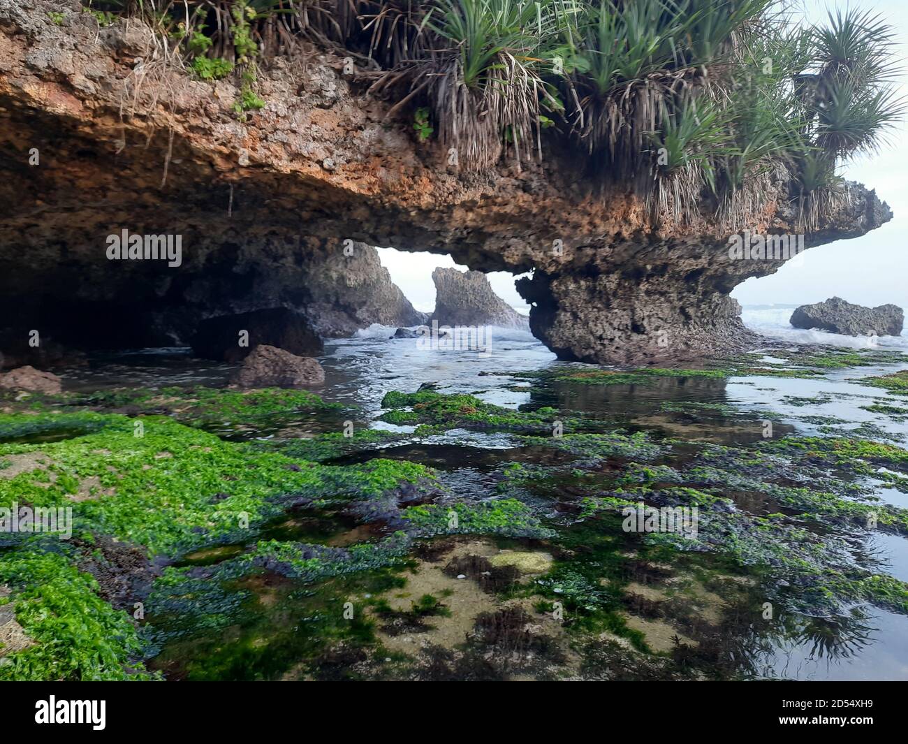 Rock formation with natural archway submerged in water at the rocky ...