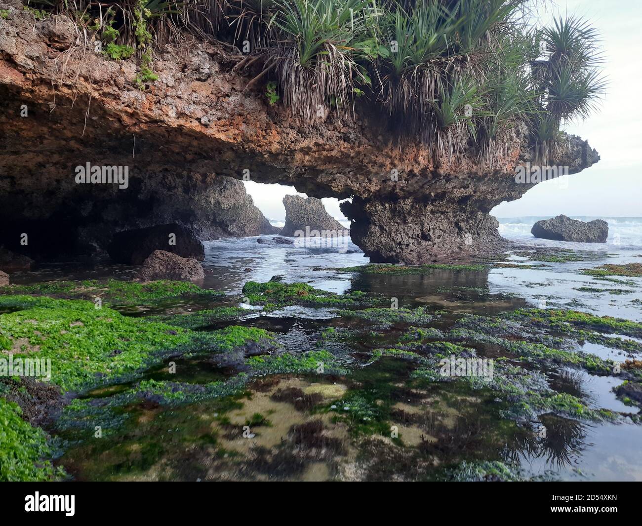 Rock formation with natural archway submerged in water at the rocky ...