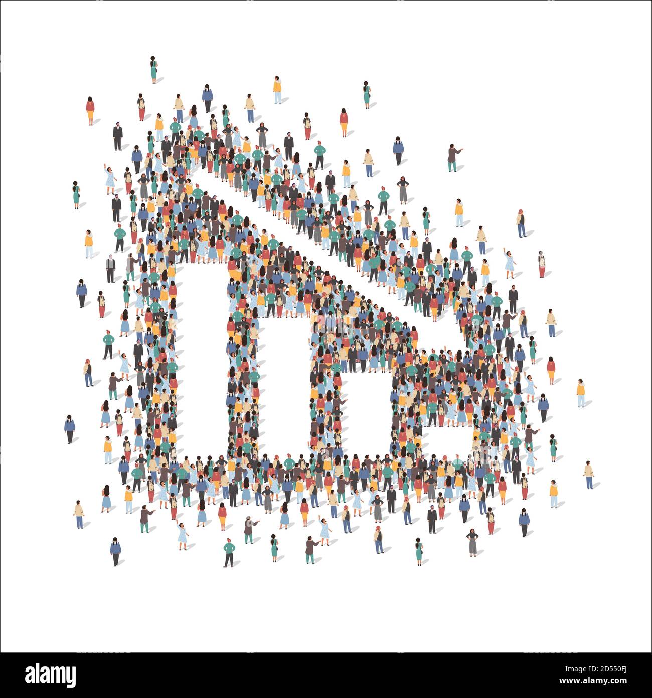 Group of people forming falling chart sign with down arrow, flat vector ...