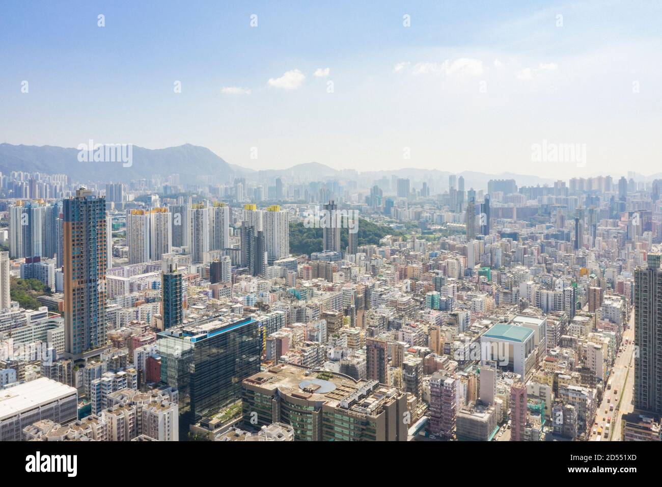 aerial view overlooking the densly populated areas of Mong Kong and ...