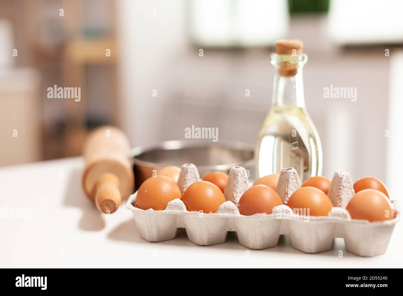 Pastry ingredients for homemade cakes and bread in empty kitchen ...