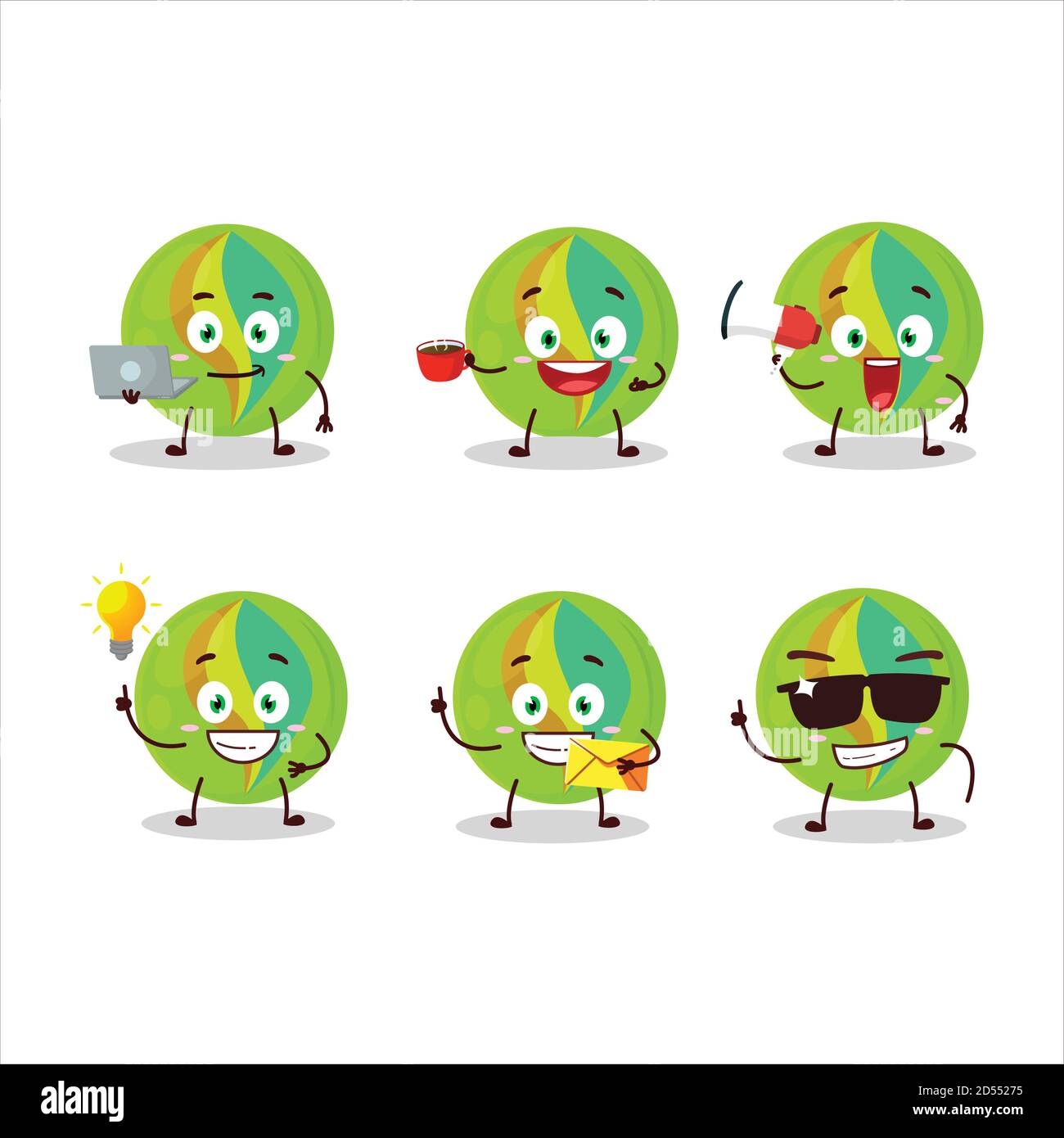 Green marbles cartoon character with various types of business ...