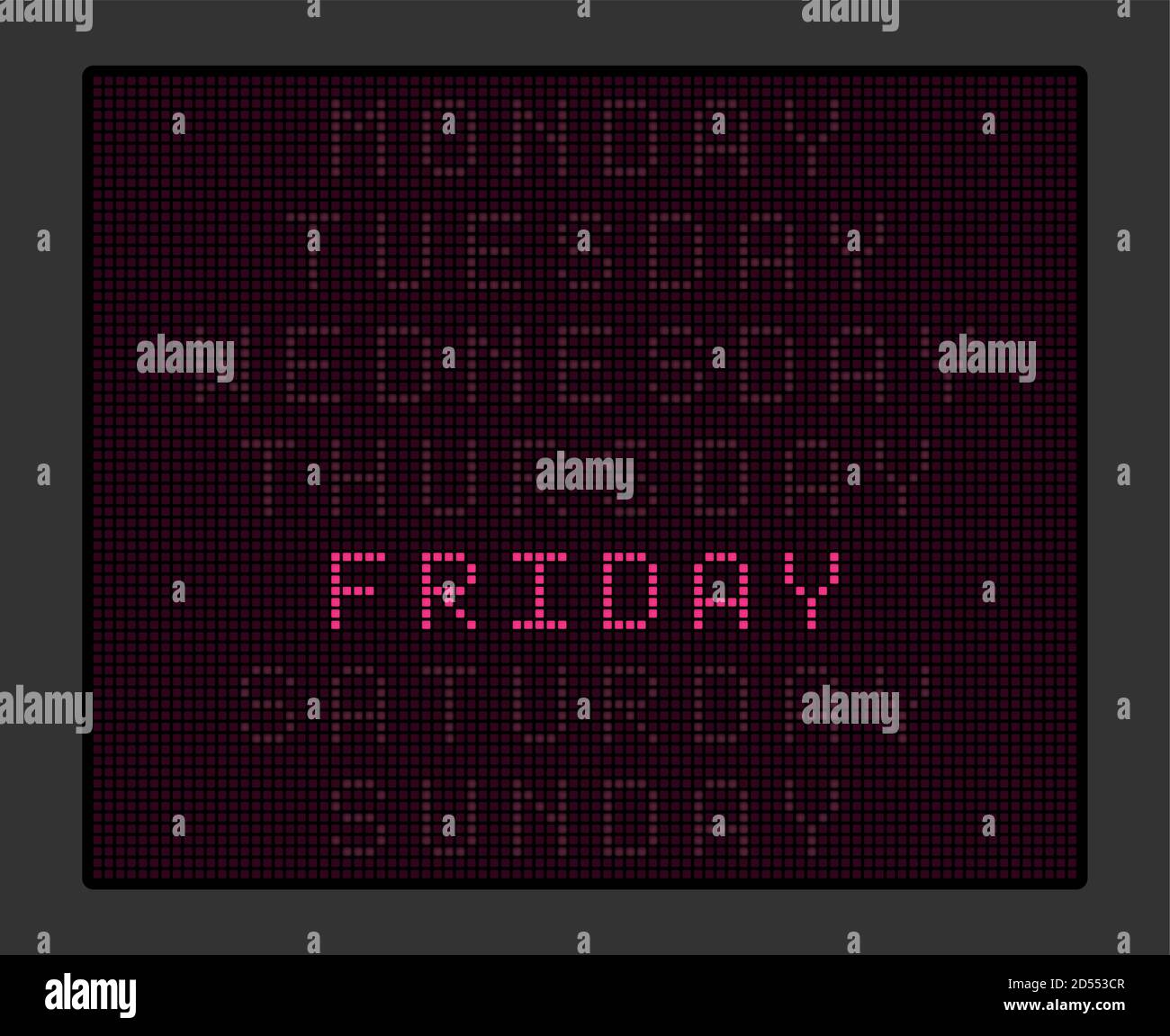 Electronic tableau with names of days of the week, purple illumination ...