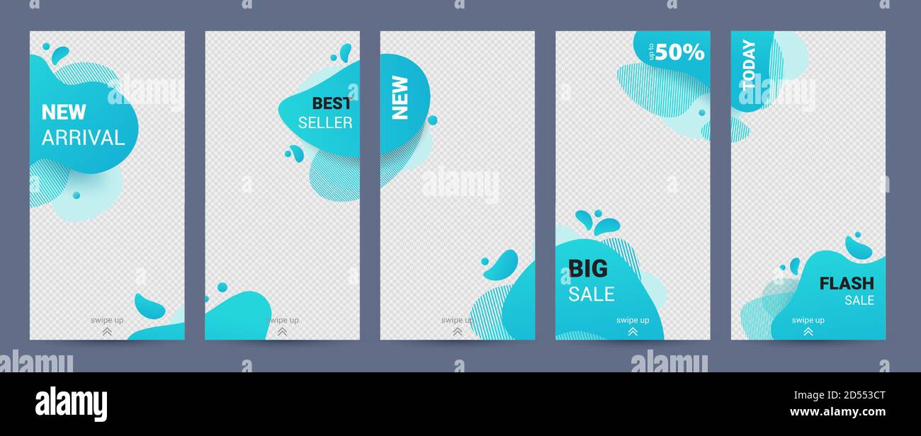 Social media template. Set with blue liquid abstract design for stories ...