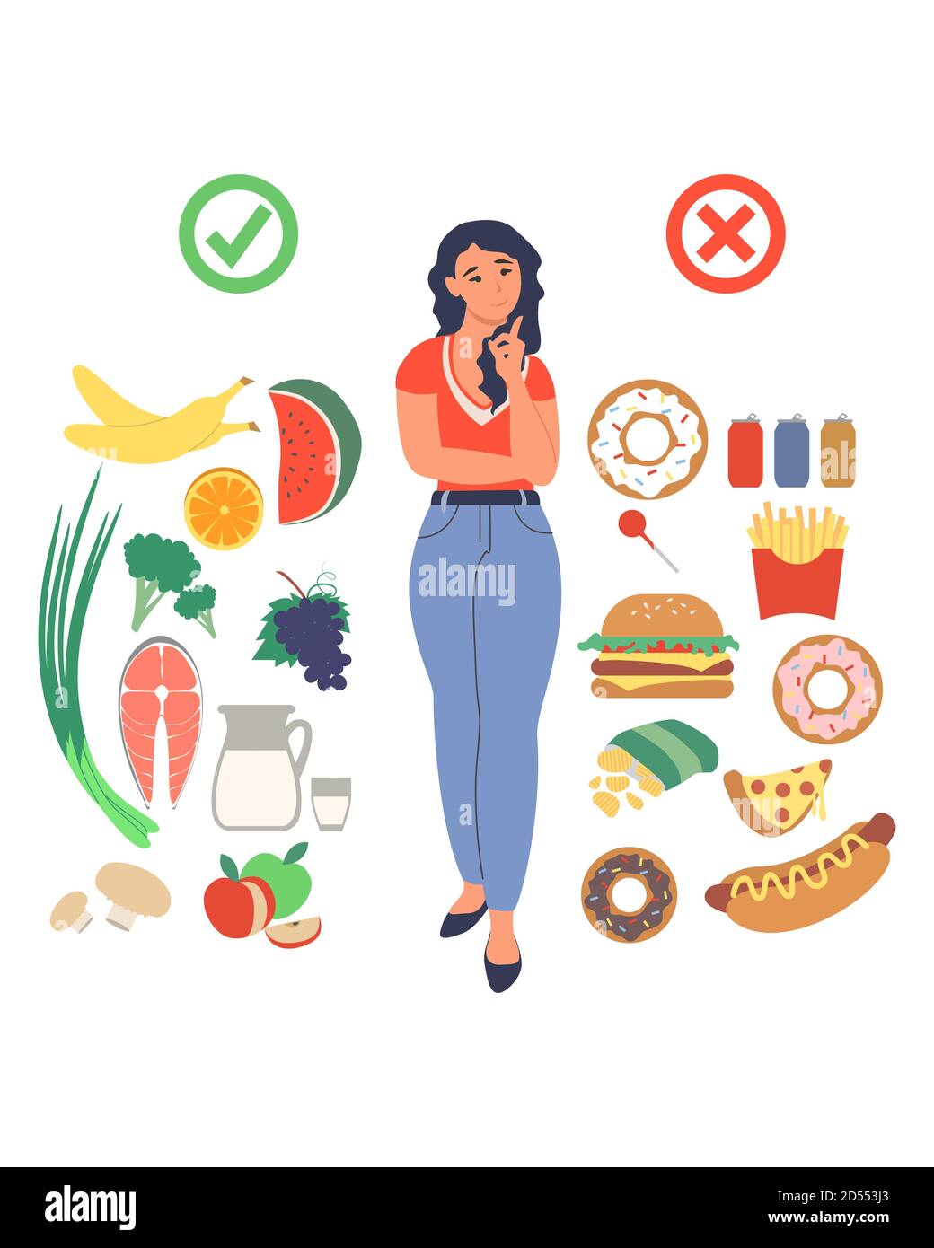 Obesity and weight problems. Young woman choosing between healthy and ...