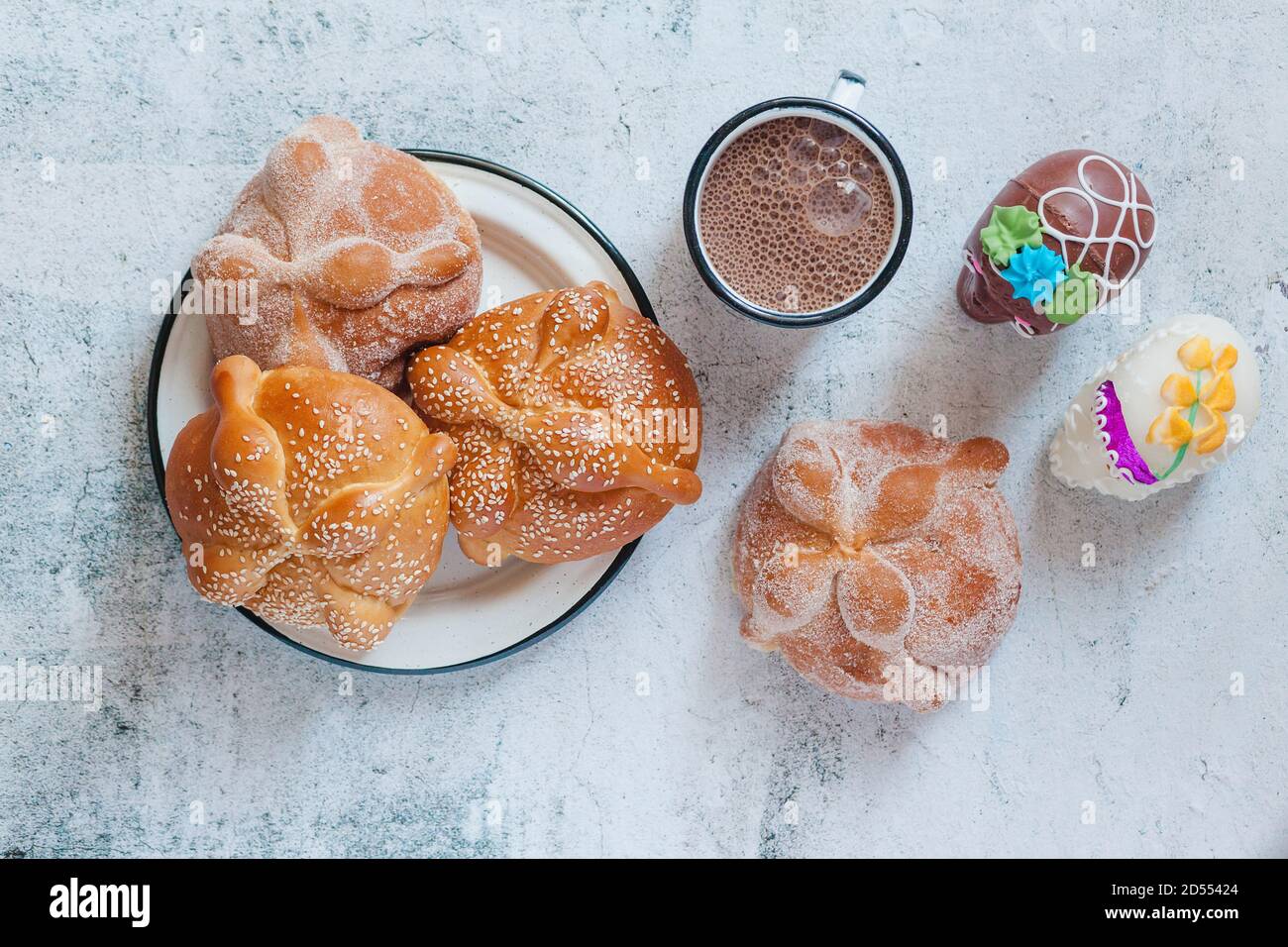 Pan de Muerto and hot chocolate, Mexican bread traditional for day of ...