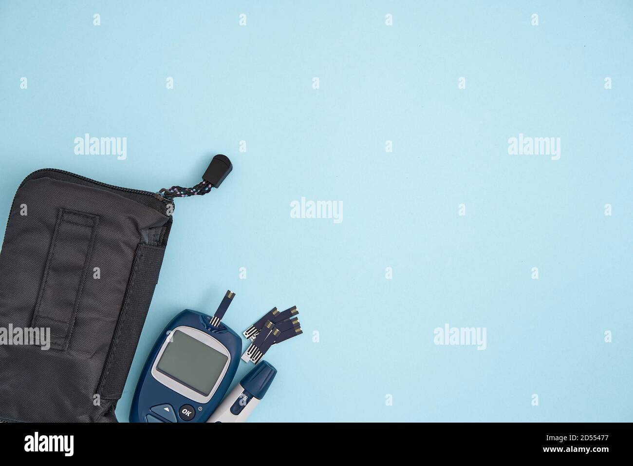 Top view of blood test measuring equipment. Glucose blood test ...