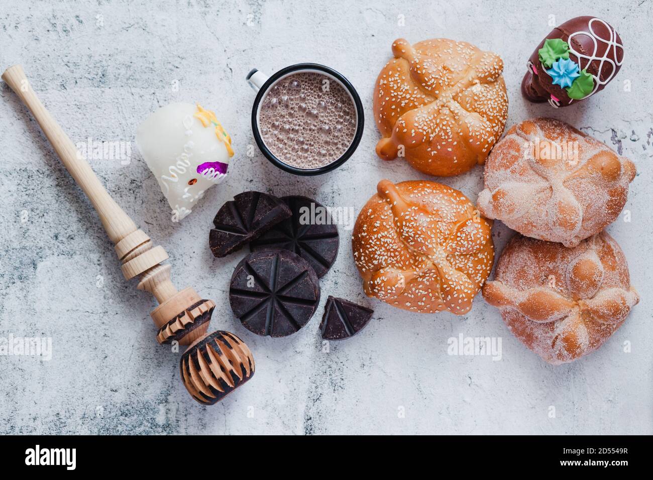 Pan de Muerto and hot chocolate, Mexican bread traditional for day of ...