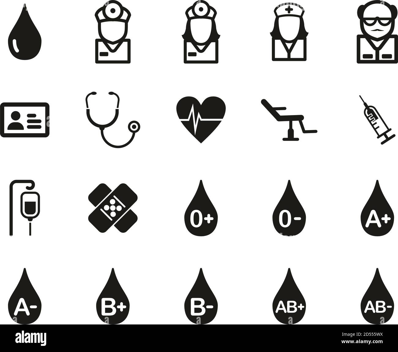 Blood Types Or Blood Donation Icons Black & White Set Big Stock Vector ...