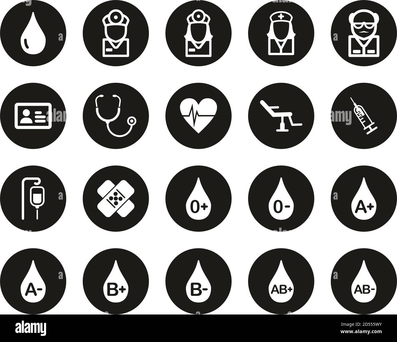 Blood Types Or Blood Donation Icons White On Black Flat Design Circle ...