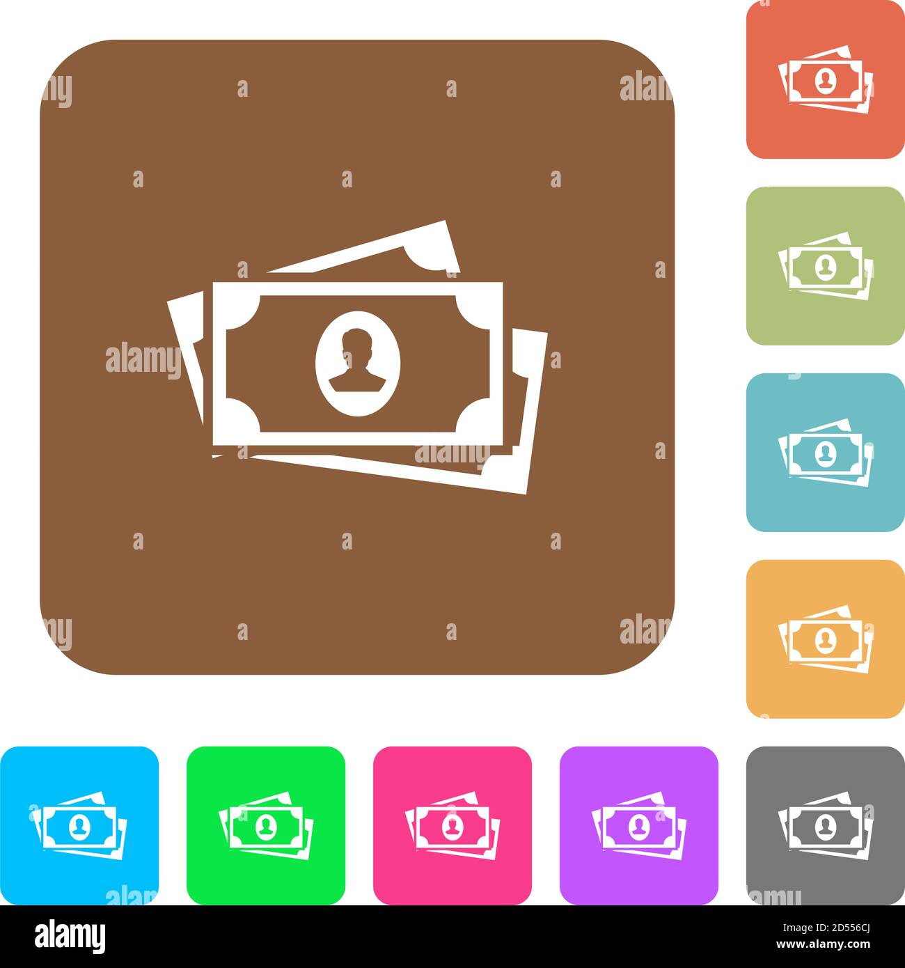 More banknotes with portrait flat icons on rounded square vivid color ...