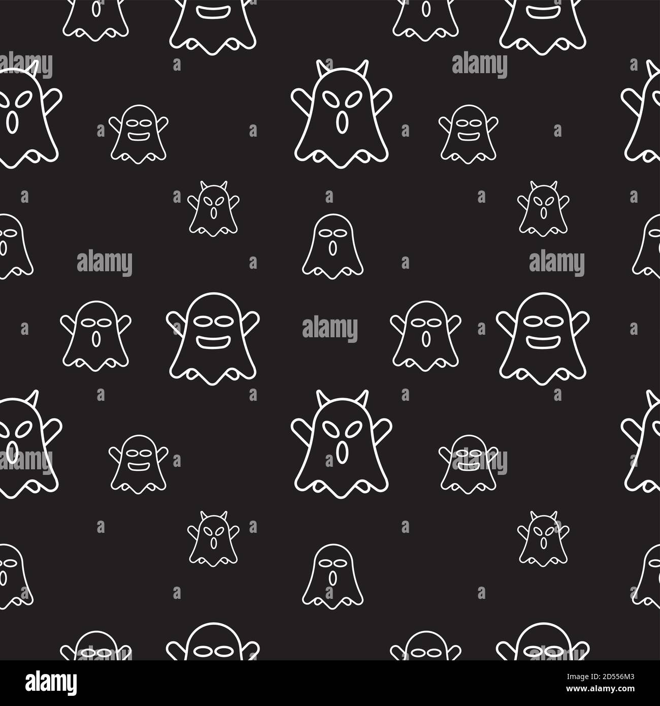 Cute ghost seamless pattern design template. Flat character vector illustration. White outline ...