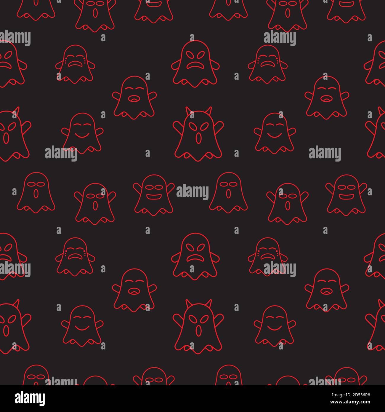 Cute ghost seamless pattern design template. Red outline design style in black color background ...