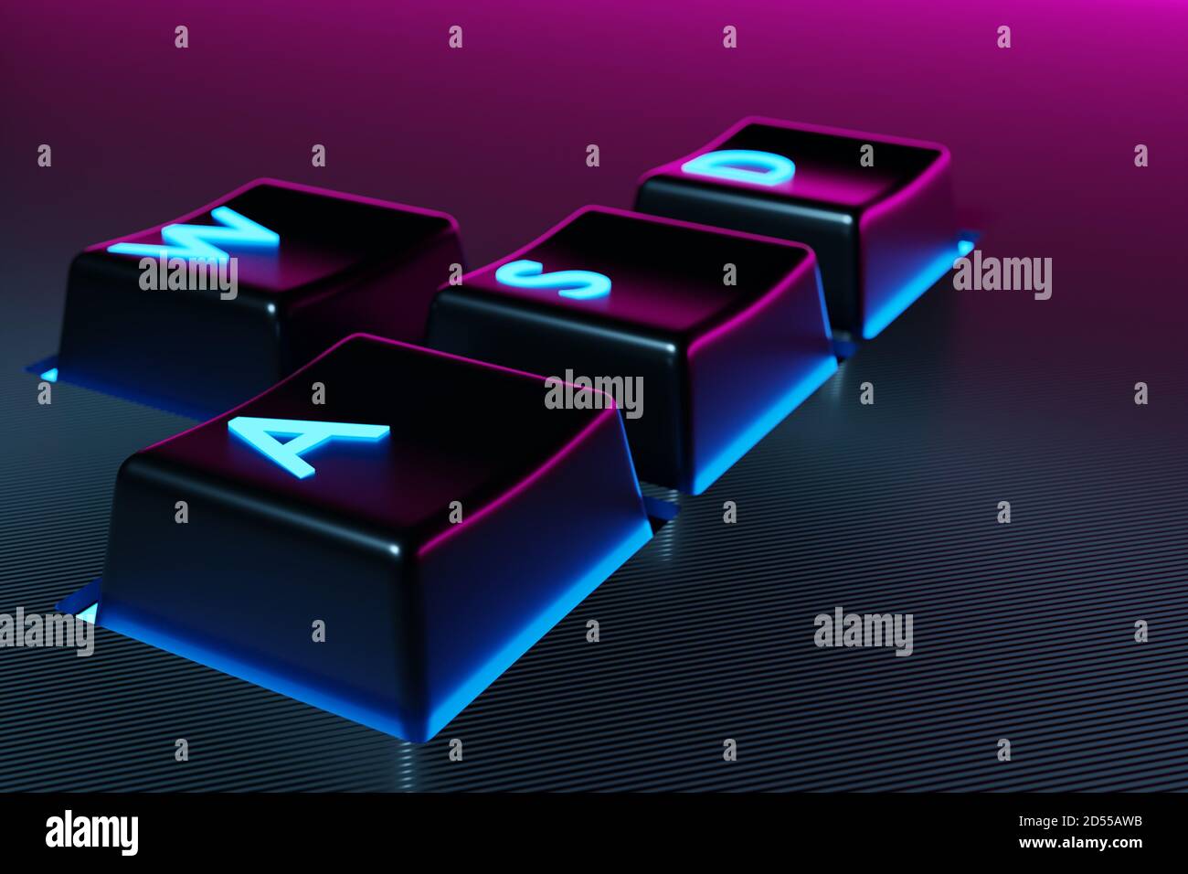 3D illustration keyboard buttons WASD with neon pink and blue light on ...