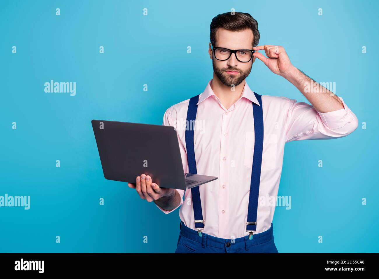 Photo of handsome business man trend clothes guy use eyesight vision ...