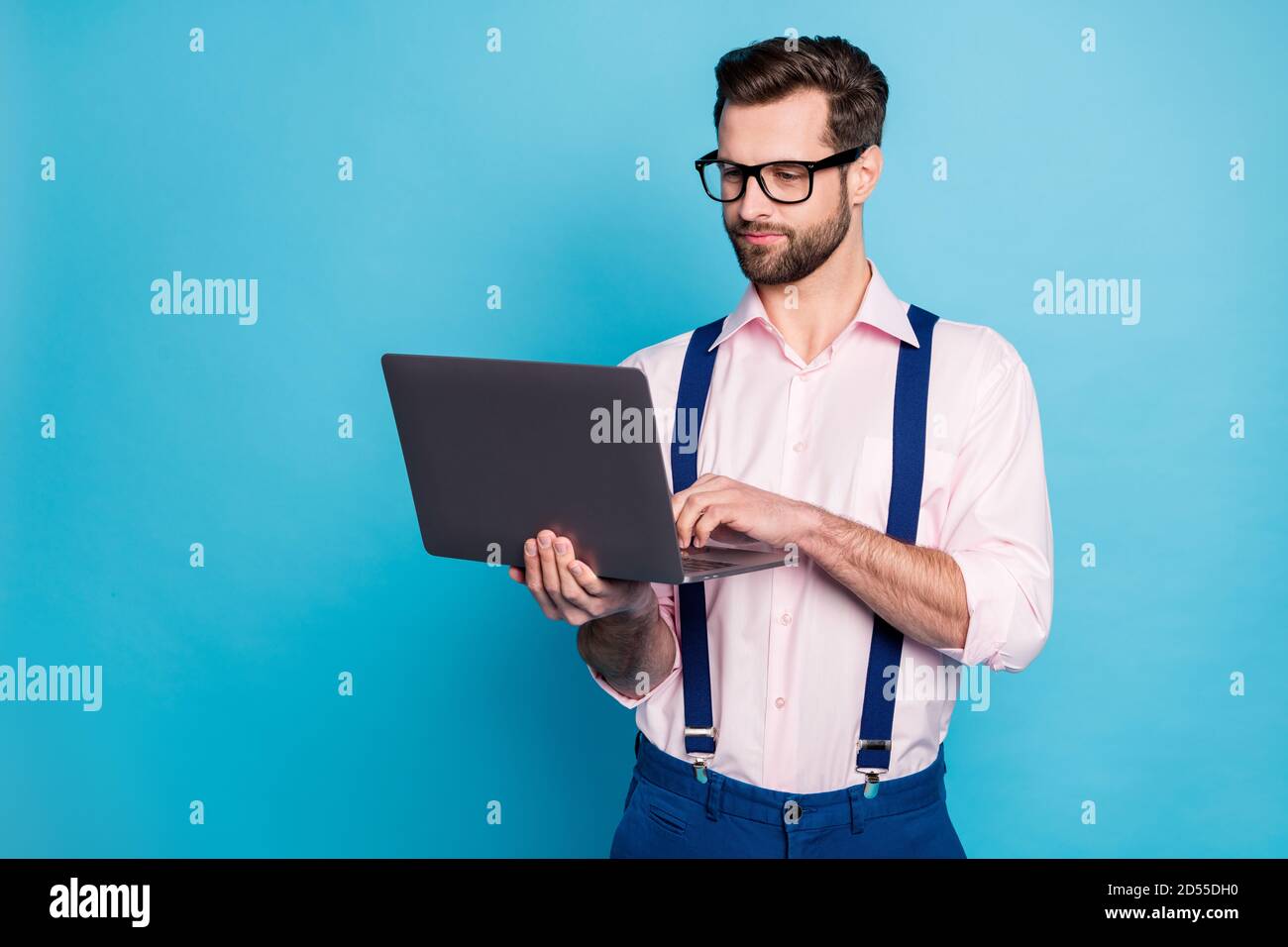 Photo of handsome macho business man trend clothes guy use eyesight ...