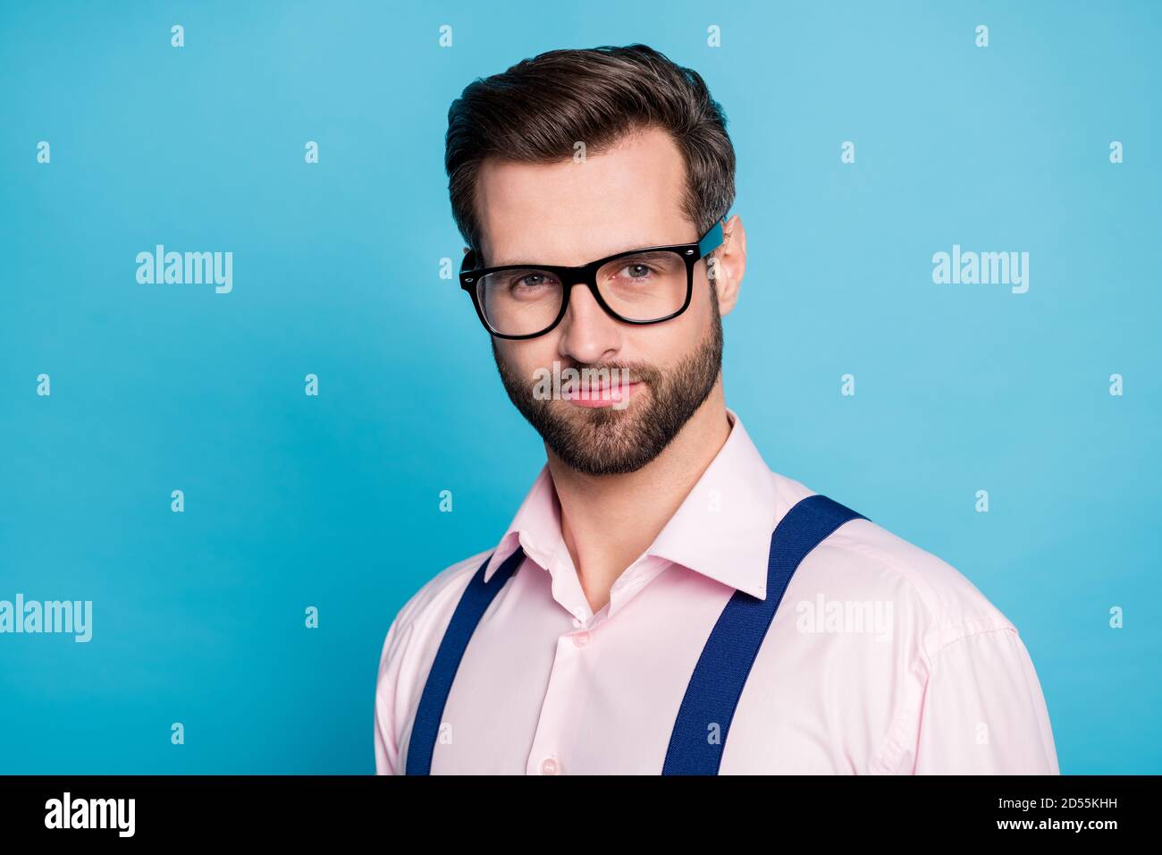 Closeup photo of handsome macho business man cool clothes guy smile ...