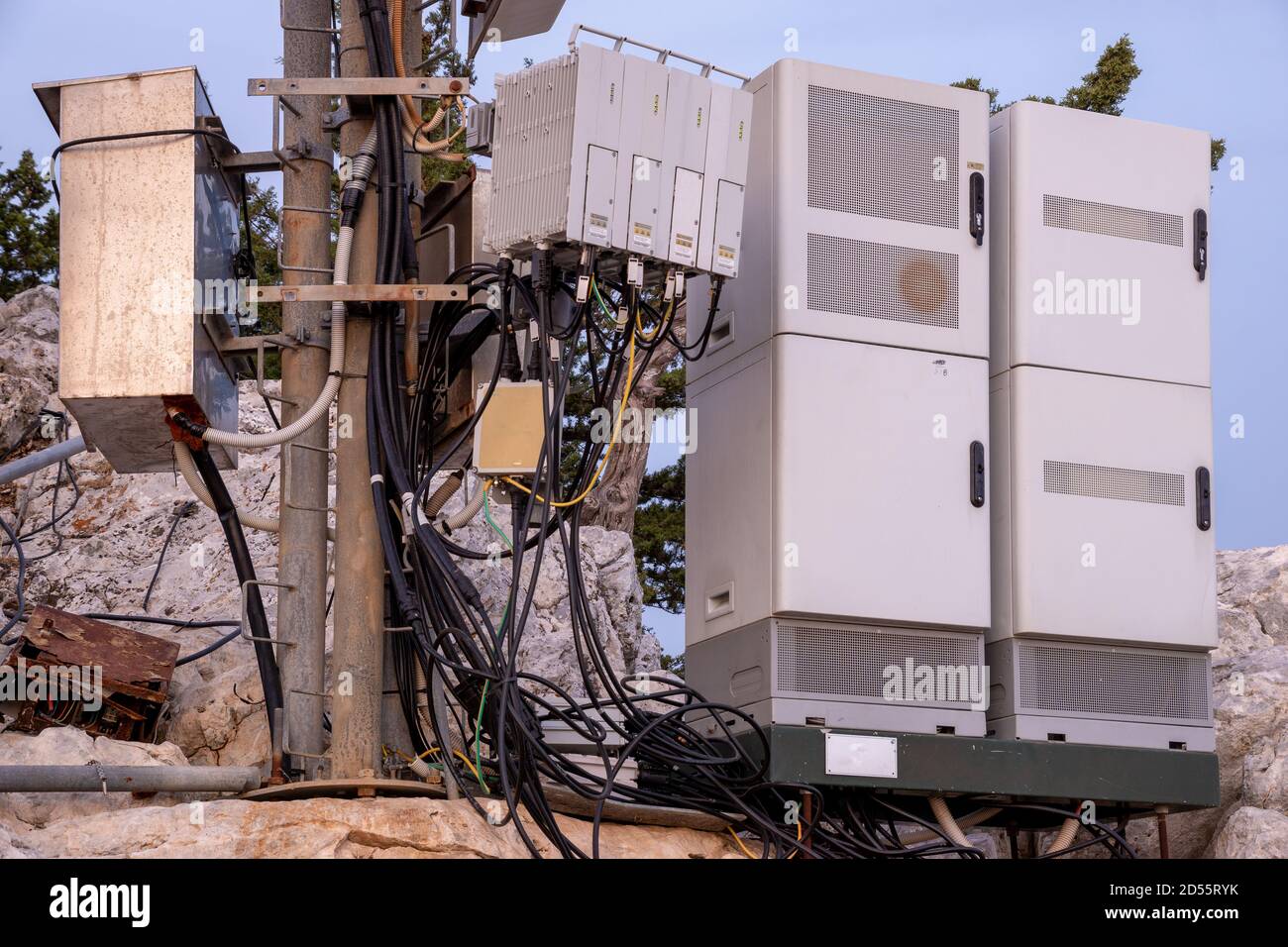 Mobile phone base station located on the mountain above the Aegean Sea ...