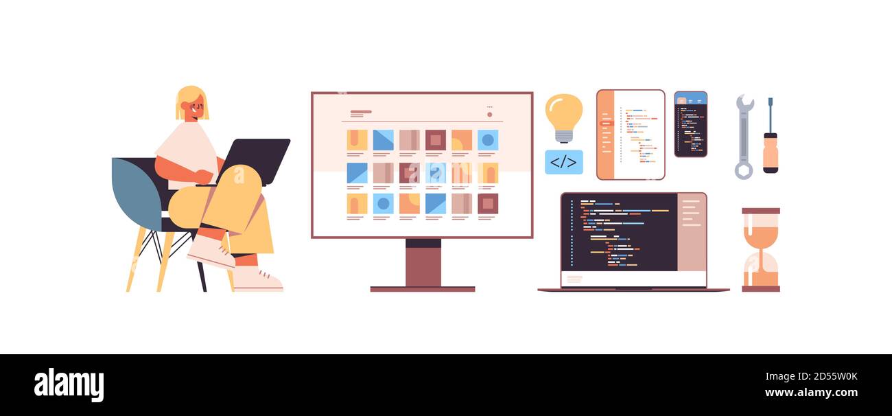 Female Web Developer Using Laptop Creating Program Code Development Of Software And Programming