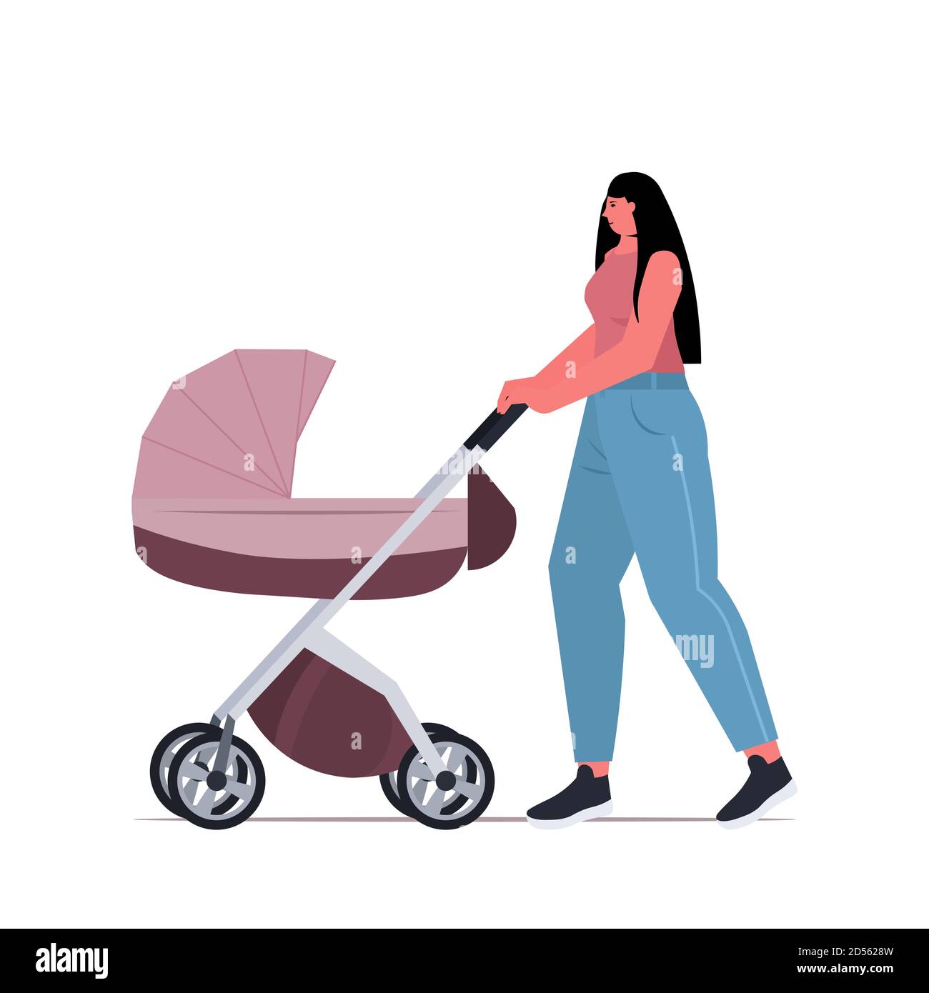 young mother walking with newborn baby in stroller motherhood concept ...