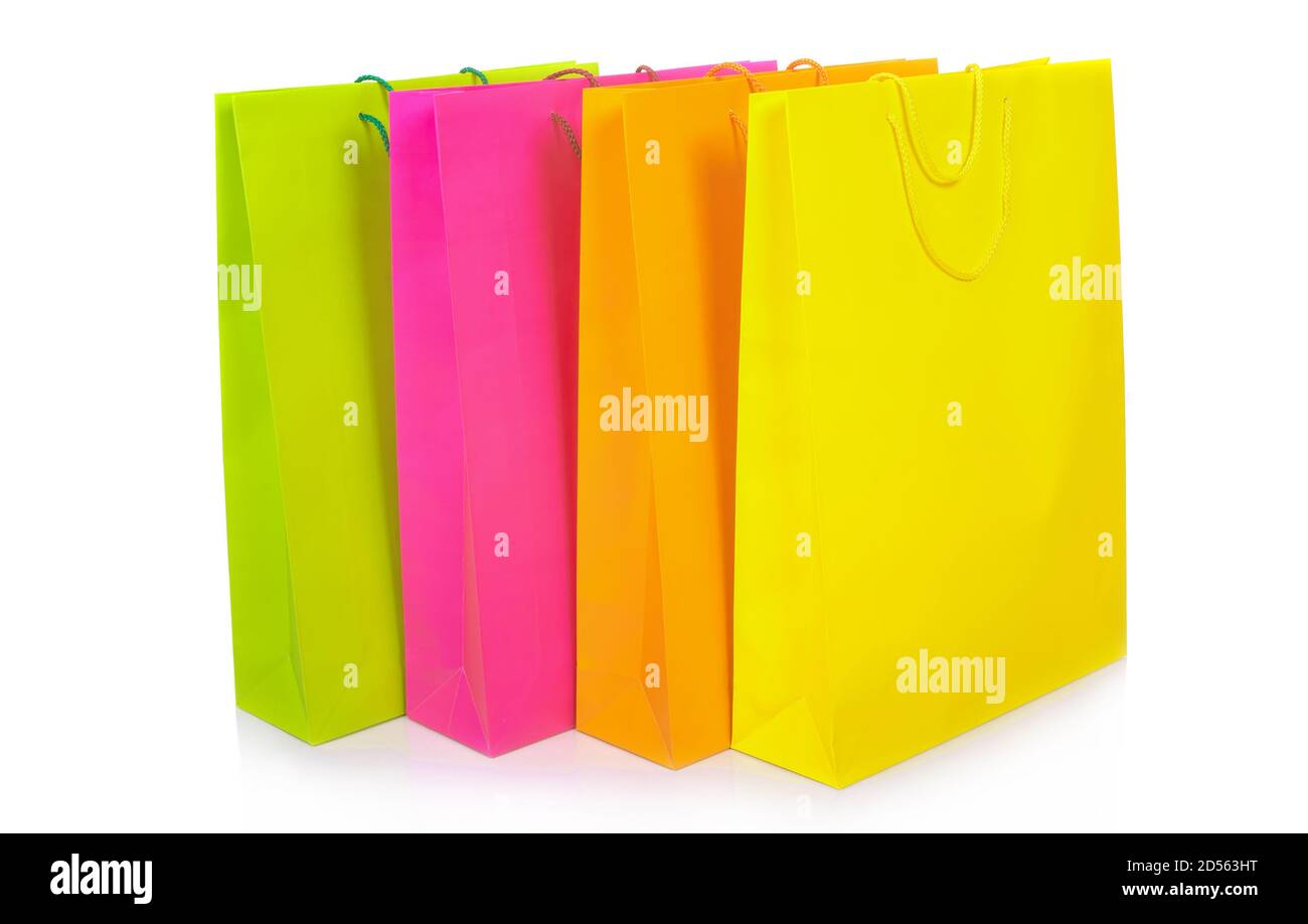 Colour paper packages on white background Stock Photo - Alamy
