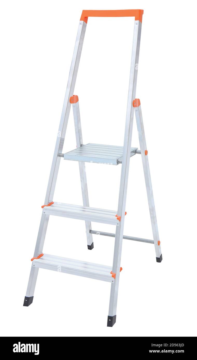 Aluminum metal step-ladder isolated white background Stock Photo - Alamy