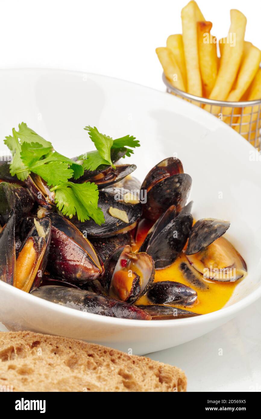 Mussels in shells cooked in sauce on white Stock Photo - Alamy