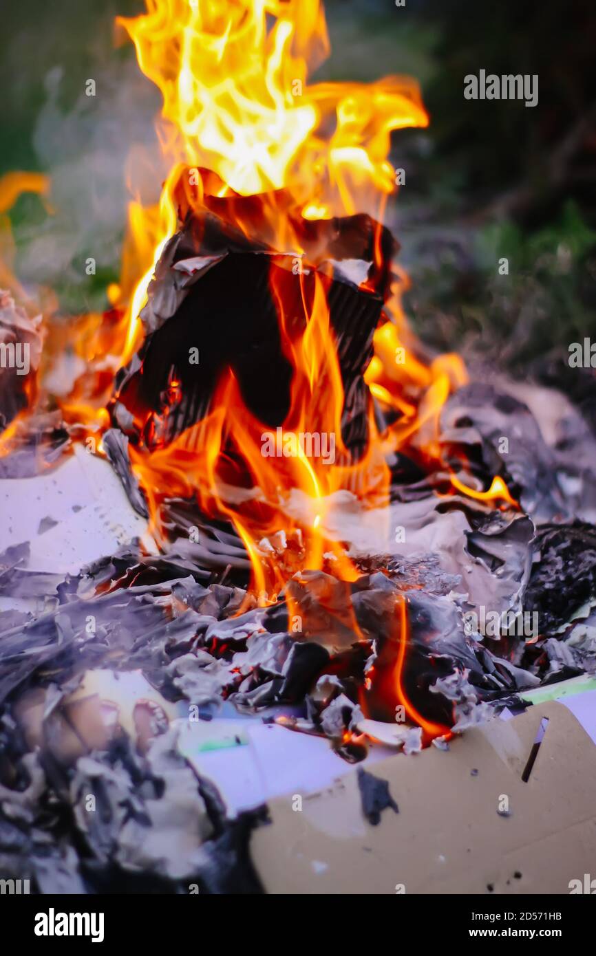 Paper burning on green summer grass outdoors Stock Photo - Alamy