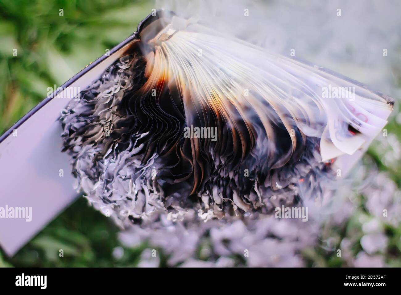 Old notepad burning on green summer grass outdoors Stock Photo - Alamy