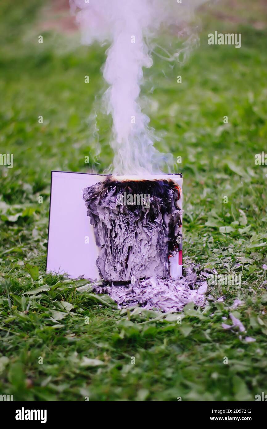 Old notepad burning on green summer grass outdoors Stock Photo - Alamy