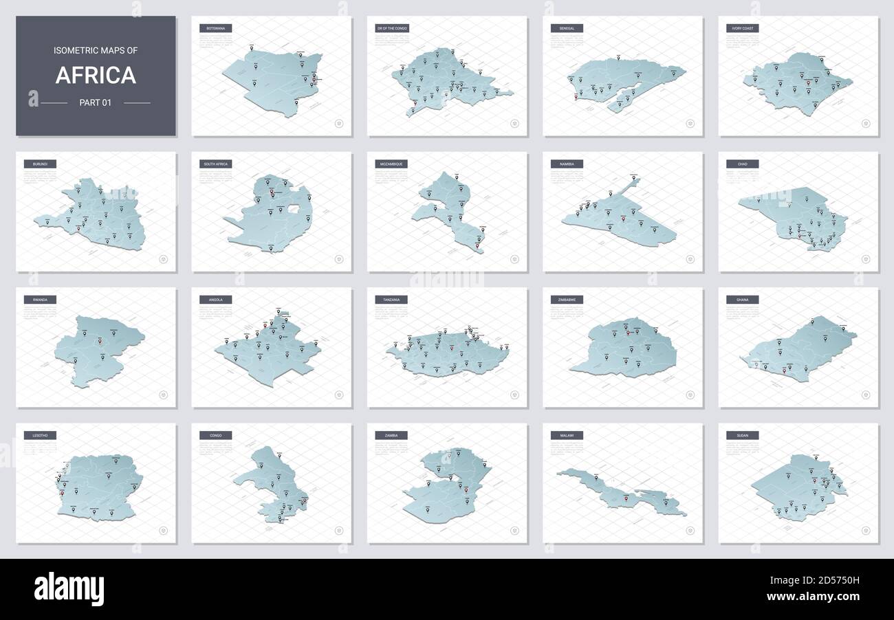 Vector isometric maps set - Africa continent. Maps of African countries ...