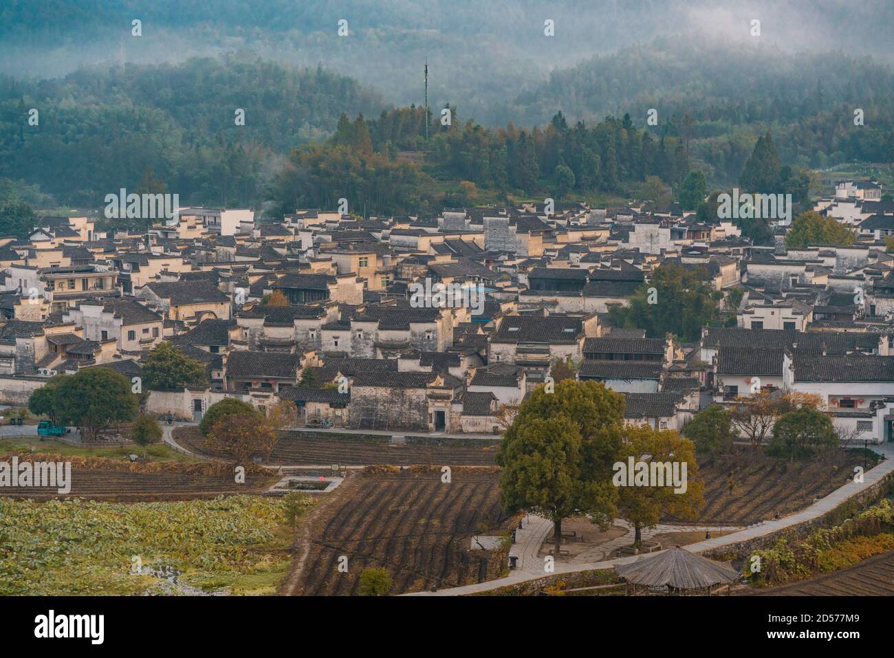 The panorama view of Xidi village, an ancient village in the mountains ...